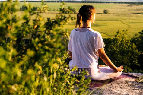바위 위에 앉아있는 연꽃 자세로 명상하는 인식 할 수없는 젊은 여성의 뒷모습 건강한 생활방식에 대한 스톡 사진 및 기타 이미지