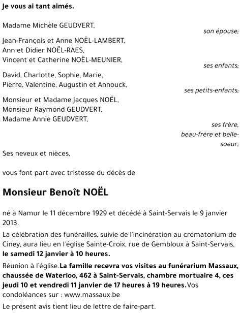 Avis De Décès De Benoît Noël Décédé Le 09 01 2013 à Saint Servais Annonce Condoléances