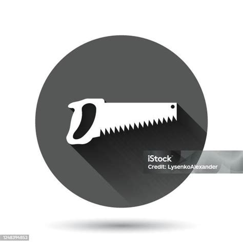 평평한 스타일의 톱 날 아이콘 긴 그림자 효과와 검은 색 둥근 배경에 작업 도구 벡터 그림 해머 서클 버튼 비즈니스 컨셉 Rotary International에 대한 스톡