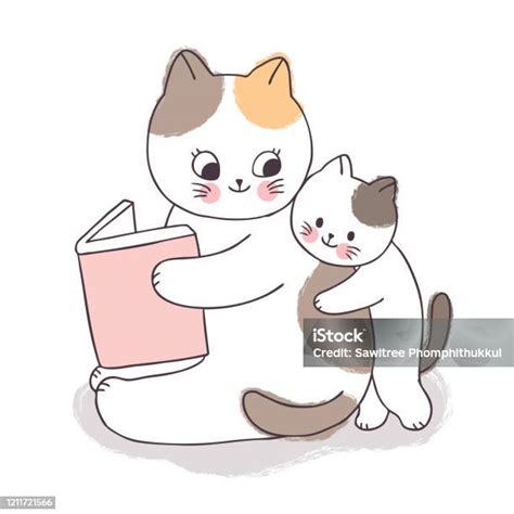 만화 귀여운 사랑스러운 어머니와 아기 고양이 독서 책 벡터입니다 고양이 새끼에 대한 스톡 벡터 아트 및 기타 이미지 고양이