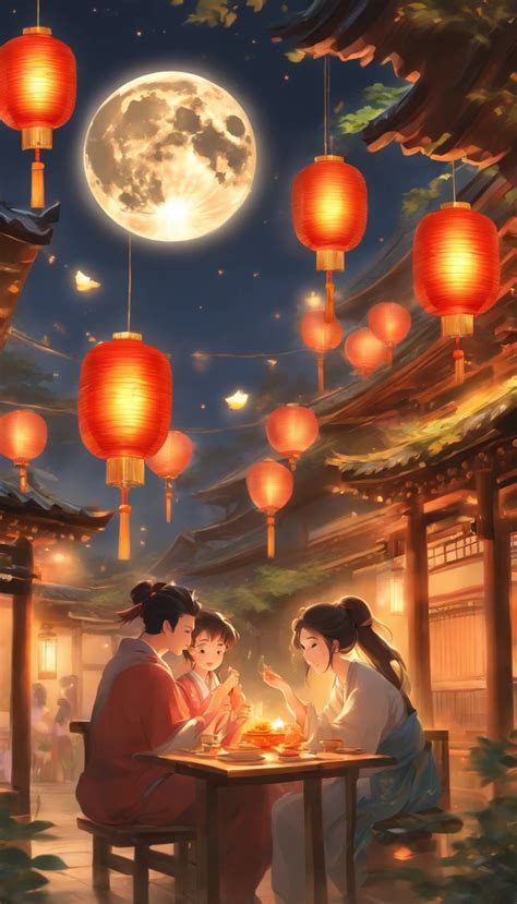 가족이 함께 앉아 축제 저녁 식사를 즐겨보세요 따뜻하고 편안한 분위기로 둘러싸여 있습니다 방이 아름답게 꾸며져 있었어요，랜턴 장착 중추절의 즐거움을 상징합니다