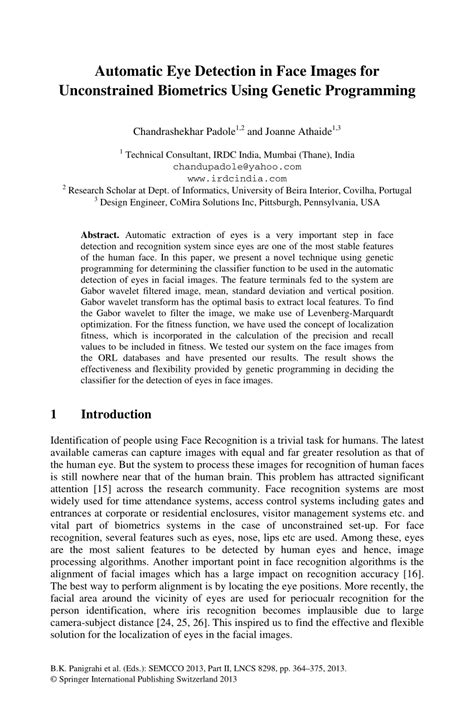 PDF Automatic Eye Detection In Face Images For Unconstrained Biometrics Using Genetic Programming