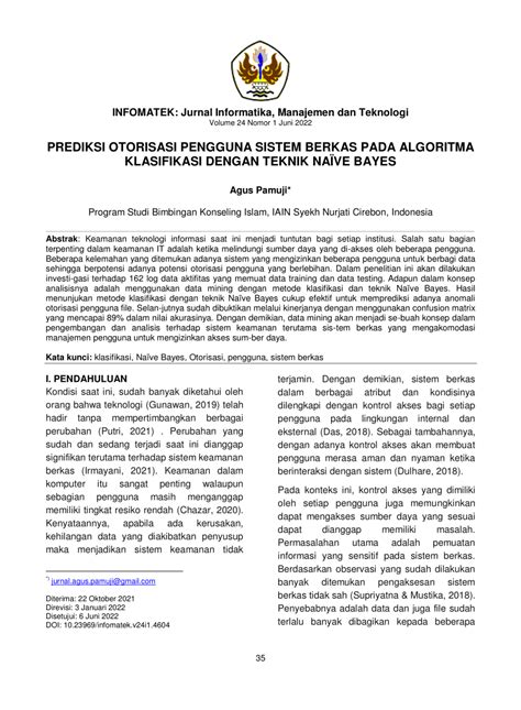 Pdf Prediksi Otorisasi Pengguna Sistem Berkas Pada Algoritma Klasifikasi Dengan Teknik Naïve Bayes