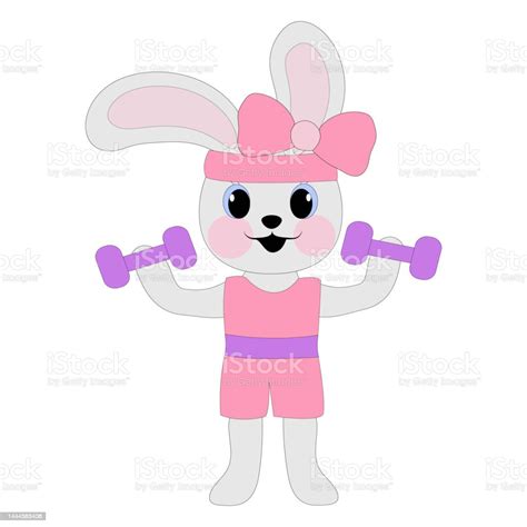 분홍색 티셔츠 반바지 이마에 붕대를 감은 토끼 소녀는 발에 아령으로 스포츠를합니다 2023년의 상징 건강한 라이프 스타일의 개념 아이들을위한 색칠하기 책 벡터 이미지 0명에
