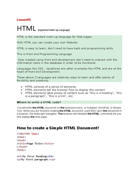 How To Create A Simple Html Document Lesson1 Pdf Html Html Element
