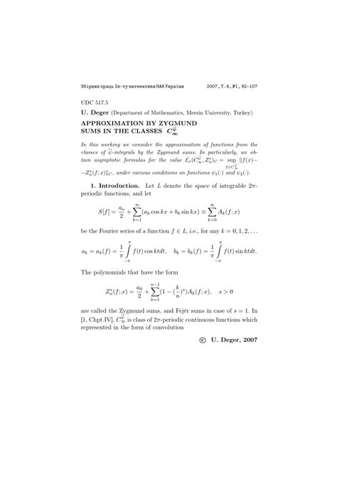 Pdf Approximation By Zygmund Sums In The Classes C {overline{ Psi}} { Infinity}