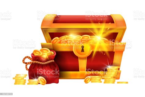 황금 보물 상자 일러스트 벡터 오픈 해적 상자 동전 더미 흰색에 고립 된 빨간 돈 자루 고대 유물에 대한 스톡 벡터 아트 및 기타 이미지 Istock