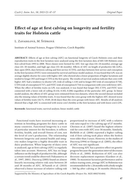 Pdf Effect Of Age At First Calving On Longevity And Fertility Traits For Holstein Cattle