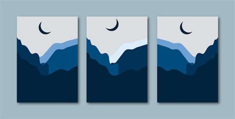 추상적인 모양의 미적 중반 세기 현대 풍경 현대 Boho 문 벡터 포스터의 집합 프리미엄 벡터