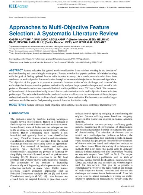 Pdf Approaches To Multi Objective Feature Selection A Systematic