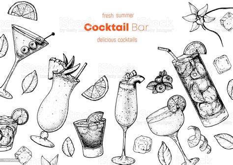 알코올 칵테일 손으로 그린 벡터 일러스트레이션 칵테일 스케치 세트 각인 된 스타일 드라이 마티니 피나 콜라다 벨리니 다이키리 롱 아일랜드 아이스 티 피나 콜라다에 대한 스톡