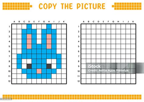 그림을 복사하고 그리드 이미지를 완성합니다 사각형으로 그리는 교육용 워크시트 셀 영역 색칠 어린이의 유치원 활동 만화 벡터 픽셀 아트 푸른 토끼 얼굴 그림입니다 개발에 대한