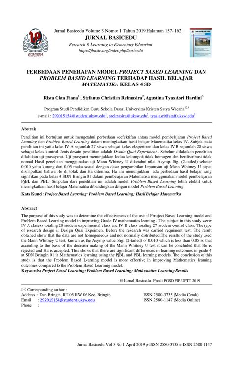 Pdf Perbedaan Penerapan Model Project Based Learning Dan Problem Based Learning Terhadap Hasil