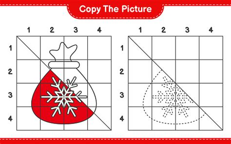 사진을 복사하여 그리드 라인을 사용하여 산타 클로스 백사진을 복사하십시오 교육 어린이 게임 인쇄 워크 시트 벡터 일러스트레이션 0명에 대한 스톡 벡터 아트 및 기타 이미지