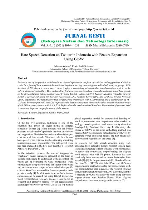 Pdf Hate Speech Detection On Twitter In Indonesia With Feature Expansion Using Glove
