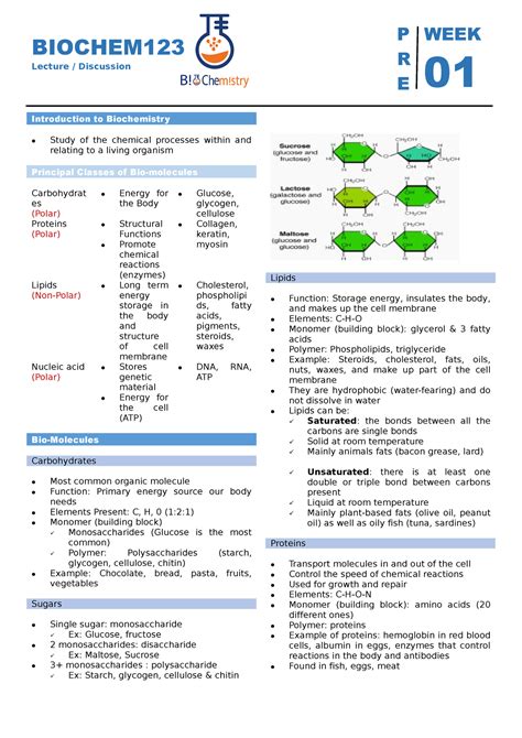 Biochem Week 1 Notes Biochem Lecture Discussion Introduction To