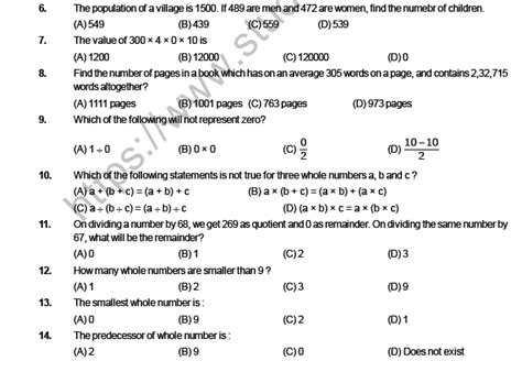 Cbse Class 6 Mathematics Whole Numbers Mcqs With Answers
