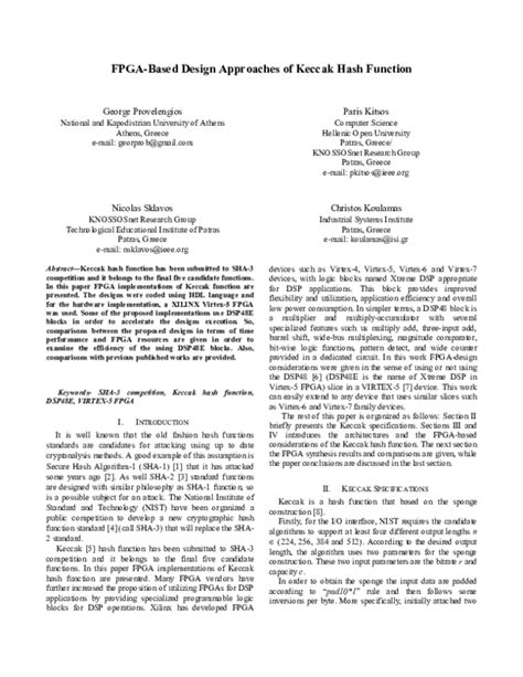 Pdf Fpga Based Design Approaches Of Keccak Hash Function Christos Koulamas