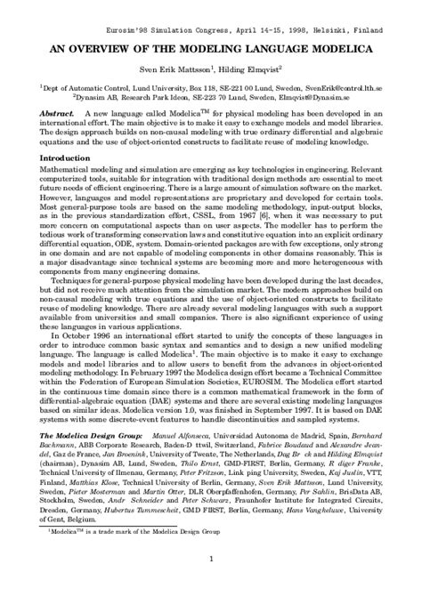 Pdf An Overview Of The Modeling Language Modelica