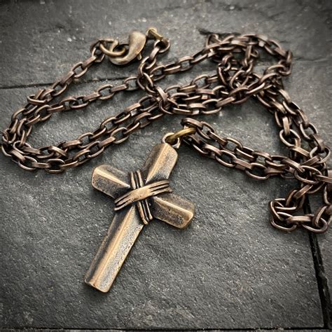 Bronze Vintage Cross Mens Religious Jewelry Unisex Necklace