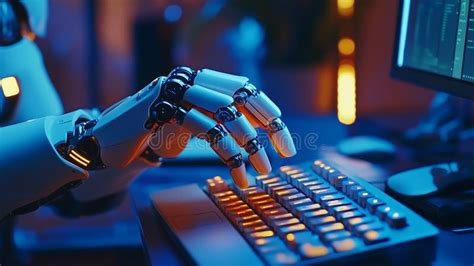 Close Up Of A Robotic Hand Typing On Keyboard Stock Illustration