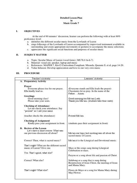 Detailed Lesson Plan In Music Grade 7 Pdf Songs Performing Arts