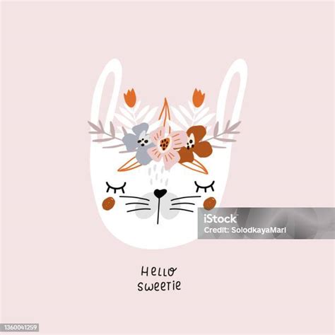 스칸디나비아 스타일의 꽃 화환 귀여운 만화 토끼 보육용 어린이 용 인쇄물 어린이 의류 포스터 엽서 벡터 일러스트레이션 만화에