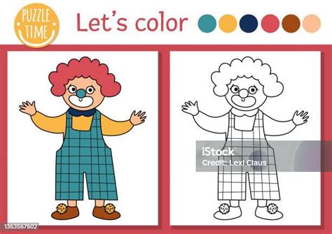 광대를 가진 아이들을위한 서커스 색칠 페이지 벡터 놀이 쇼 개요 일러스트와 귀여운 무대 연기자 컬러 예제를 가진 아이들을위한