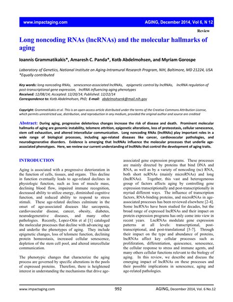 Pdf Long Noncoding Rnas Lncrnas And The Molecular Hallmarks Of Aging