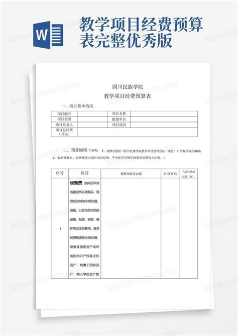 教学项目经费预算表完整优秀版 Word模板下载 编号qbpeaenp 熊猫办公