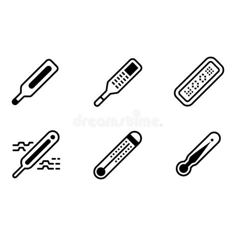Collection Of Six Simple Black Line Thermometers Medical Icons