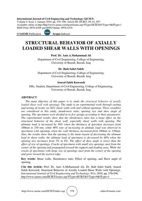 Pdf Structural Behavior Of Axially Loaded Shear Walls With Openings