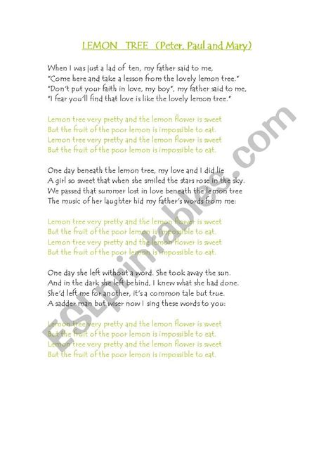 Lemon Tree Lyrics Esl Worksheet By Mireia 777