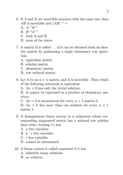 Solution Linear Algebra Multiple Choice Questions Studypool
