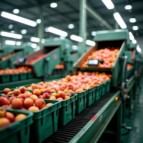 Industrial Facility With Conveyor Sorting Assorted Fruits Generative Ai Stock Illustration
