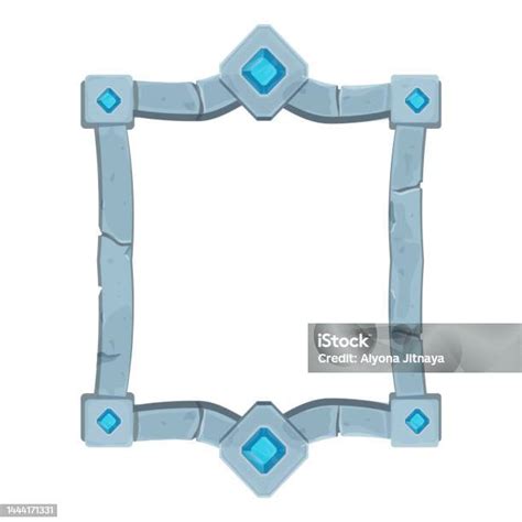 테두리와 보석 방패 모양 흰색 배경에 격리된 만화 스타일의 빈 중세 메뉴 패널이 있는 돌 프레임을 설정합니다 벡터 그림 2차 도형에 대한 스톡 벡터 아트 및 기타 이미지