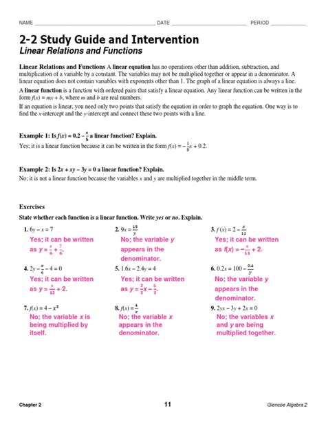 Linear Relations And Functions Answers Pdf Equations Function Mathematics