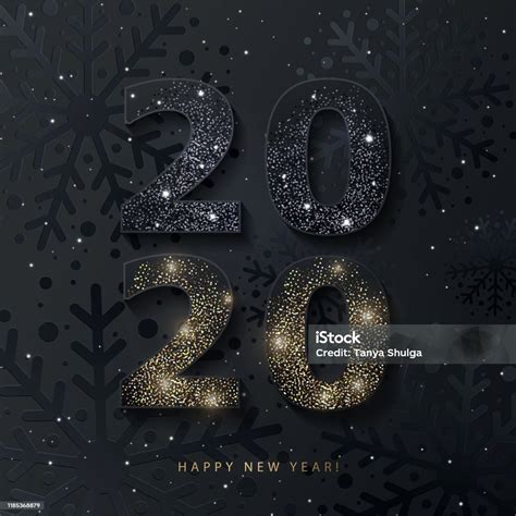 2020 새해 복 야 배경입니다 눈송이 패턴과 빛나는 눈 반짝임 질감 검은 배경에 반짝이는 검은 색과 금색 번호와 2020 숫자 디자인 2020년에 대한 스톡 벡터 아트 및