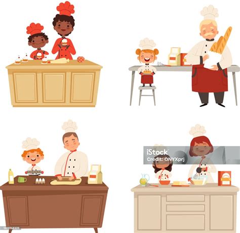 아이들이 요리합니다 요리사 유니폼 만들기 음식 와 성인 요리 남성과 여성 전문 사람들 벡터 문자 요리하기 음식 준비에 대한 스톡 벡터 아트 및 기타 이미지 Istock