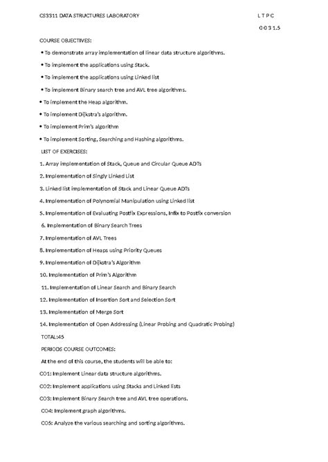 Cs3311 Data Structures Laboratory L T P C Cs3311 Data Structures