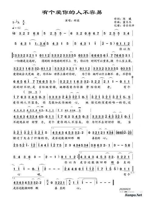《有个爱你的人不容易》简谱那英原唱 歌谱 音乐伙伴制谱简谱之家