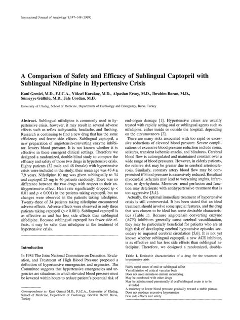 Pdf A Comparison Of Safety And Efficacy Of Sublingual Captopril With Sublingual Nifedipine In