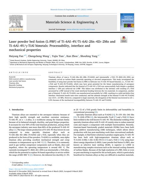Pdf Laser Powder Bed Fusion L Pbf Of Ti 6al 4v Ti 6al 2sn 4zr 2mo And Ti 6al 4v γ Tial