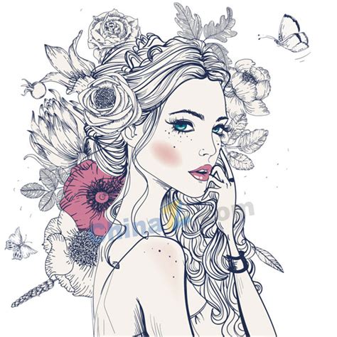 花卉蝴蝶女性插画矢量图 站长素材