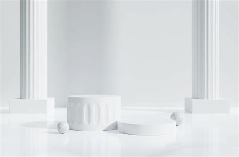 스탠드 프레젠테이션을 위한 최소한의 모형 추상적인 흰색 배경 개념과 흰색 돌 질감 기하학적 플랫폼은 화장품을 보여주고3d 흰색 배경에 연단을 표시합니다 무대 쇼케이스3d