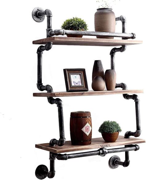 Office Living Room Bathroom Wall Mounted Metal Pipe Storage Rack Wooden