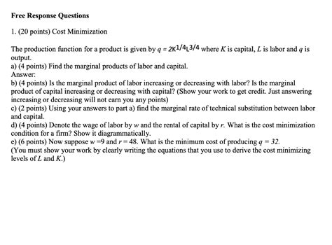 Solved 1 20 Points Cost Minimization The Production Chegg Com