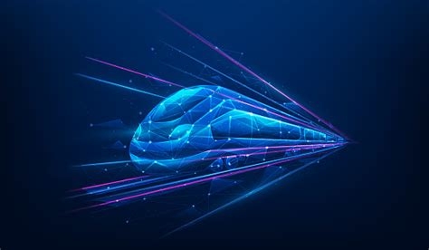 현대 기차 고속 디지털 기술 낮은 폴리 와이어 프레임 블루 배경 미래 운송 및 물류 개념 벡터 일러스트 환상적인 디자인입니다 철도에 대한 스톡 벡터 아트 및 기타 이미지