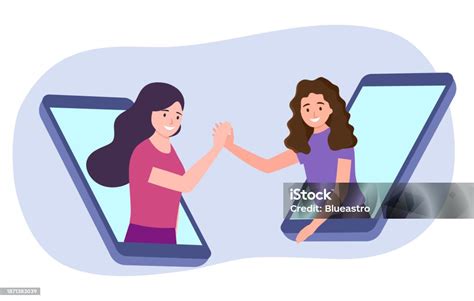 인터넷에서 하이파이브 인사 온라인 친구 커뮤니케이션 개념입니다 휴대폰으로 영상 통화 중에 인사를 하는 캐릭터 흰색 배경에 가상 대화 동료에 대한 스톡 벡터 아트 및 기타