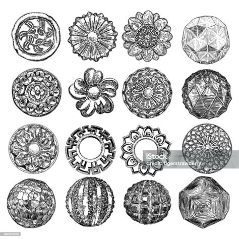 빈티지 스타일의 꽃 원형 캐스트 돌 디자인 요소의 집합입니다 직물 스카프 배경에 대한 검은 흰색의 유행 패턴을 그리는 대리석 장미 벡터 3차원 형태에 대한 스톡 벡터 아트
